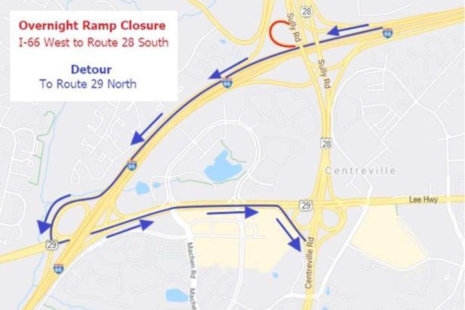 Ramp I-66 west to Route 28 south closed today, next week